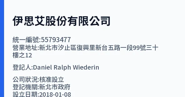 伊思艾股份有限公司的照片-統編 55793477(新北市) 公司登記資料與營業項目詳細圖表