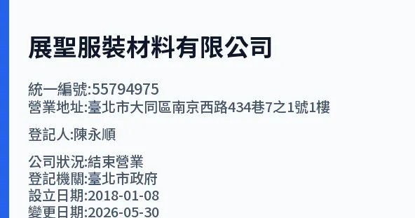 展聖服裝材料有限公司的照片-統編 55794975(臺北市) 公司登記資料與營業項目詳細圖表