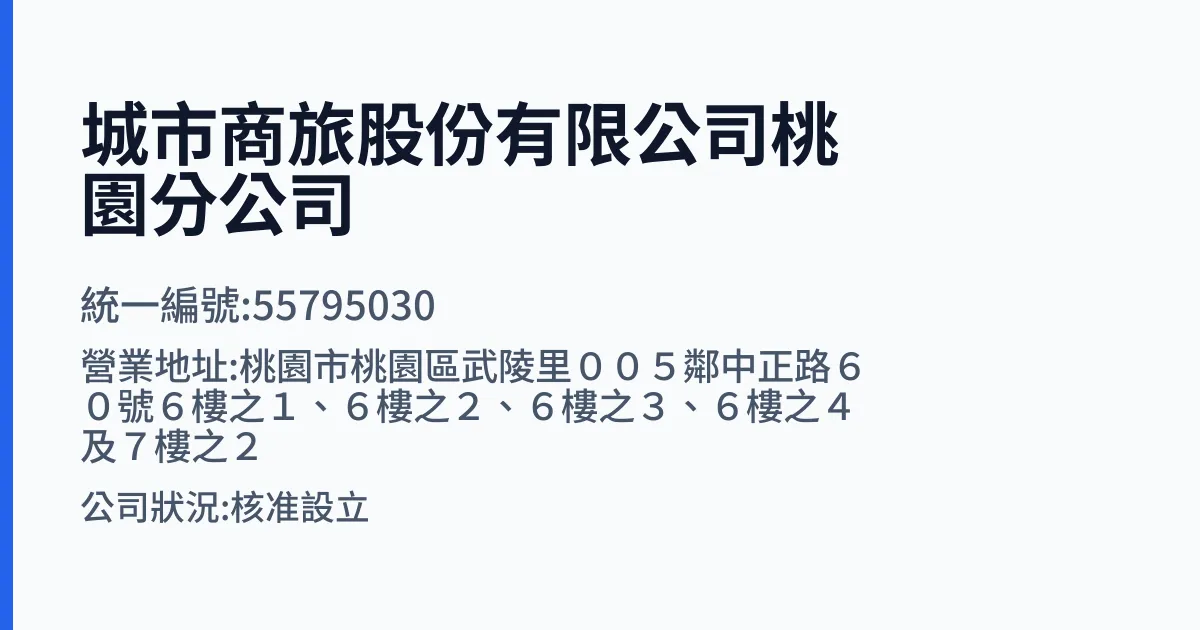 城市商旅股份有限公司桃園分公司 - 統編 55795030(桃園市) 公司登記資料與營業項目詳細圖表
