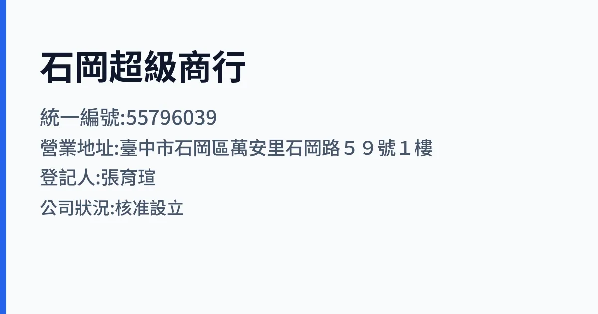 石岡超級商行 - 統編 55796039(臺中市) 公司登記資料與營業項目詳細圖表