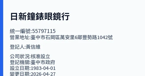 日新鐘錶眼鏡行的照片-統編 55797115(臺中市) 公司登記資料與營業項目詳細圖表