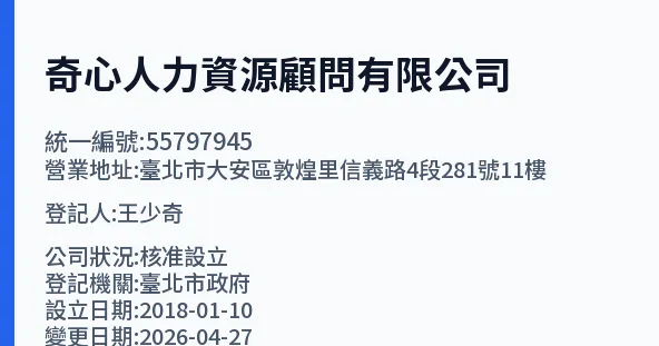 奇心人力資源顧問有限公司的照片-統編 55797945(臺北市) 公司登記資料與營業項目詳細圖表