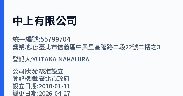 中上有限公司的照片-統編 55799704(臺北市) 公司登記資料與營業項目詳細圖表
