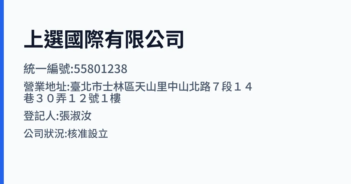 上選國際有限公司 - 統編 55801238(臺北市) 公司登記資料與營業項目詳細圖表