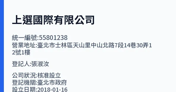 上選國際有限公司的照片-統編 55801238(臺北市) 公司登記資料與營業項目詳細圖表