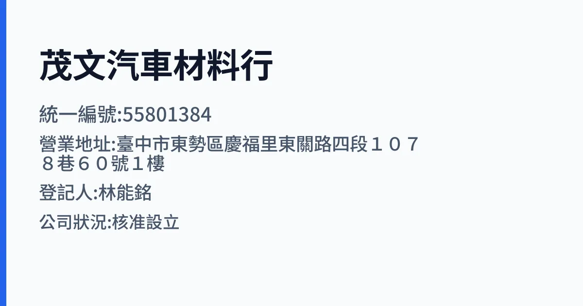 茂文汽車材料行 - 統編 55801384(臺中市) 公司登記資料與營業項目詳細圖表