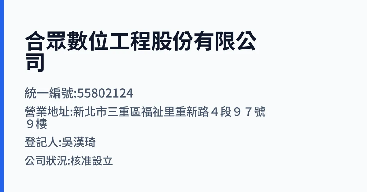合眾數位工程股份有限公司 - 統編 55802124(臺北市) 公司登記資料與營業項目詳細圖表