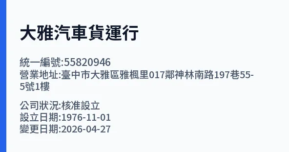 大雅汽車貨運行的照片-統編 55820946(臺中市) 公司登記資料與營業項目詳細圖表