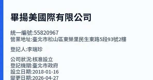 畢揚美國際有限公司的照片-統編 55820967(臺北市) 公司登記資料與營業項目詳細圖表