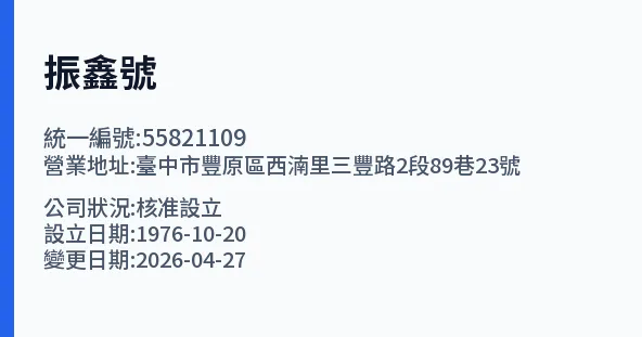 振鑫號的照片-統編 55821109(臺中市) 公司登記資料與營業項目詳細圖表