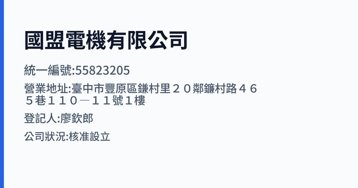 國盟電機有限公司 - 統編 55823205(臺中市) 公司登記資料與營業項目詳細圖表