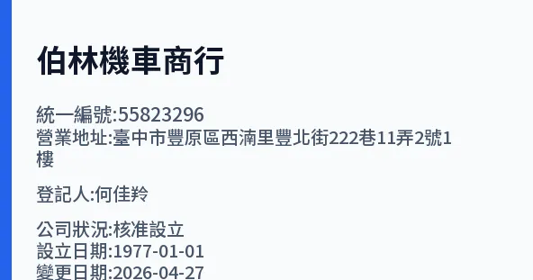 伯林機車商行的照片-統編 55823296(臺中市) 公司登記資料與營業項目詳細圖表