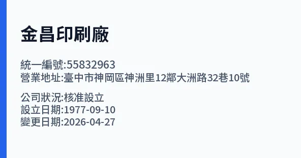金昌印刷廠的照片-統編 55832963(臺中市) 公司登記資料與營業項目詳細圖表