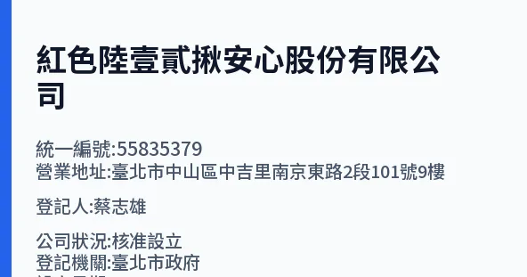 紅色陸壹貳揪安心股份有限公司的照片-統編 55835379(臺北市) 公司登記資料與營業項目詳細圖表