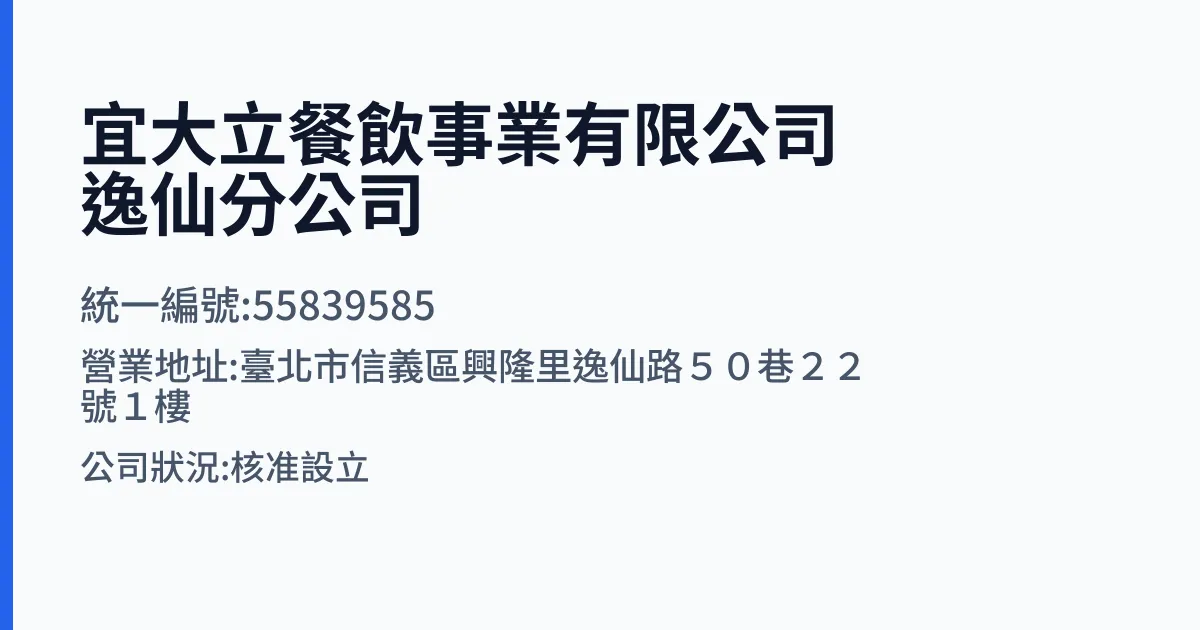 宜大立餐飲事業有限公司逸仙分公司 - 統編 55839585(臺北市) 公司登記資料與營業項目詳細圖表