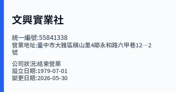 文興實業社的照片-統編 55841338(臺中市) 公司登記資料與營業項目詳細圖表