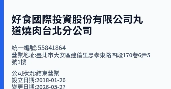 好食國際投資股份有限公司丸道燒肉台北分公司的照片-統編 55841864(臺北市) 公司登記資料與營業項目詳細圖表