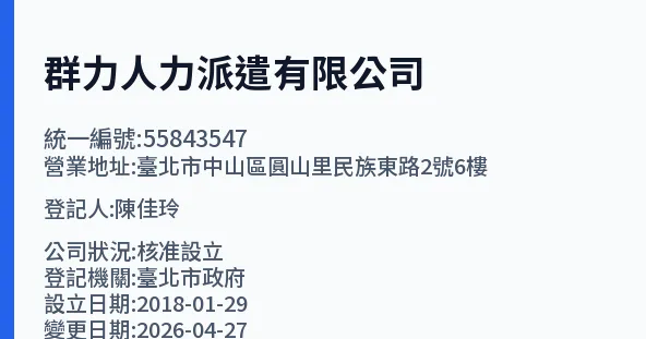 群力人力派遣有限公司的照片-統編 55843547(臺北市) 公司登記資料與營業項目詳細圖表