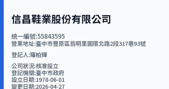 信昌鞋業股份有限公司的照片-統編 55843595(臺中市) 公司登記資料與營業項目詳細圖表