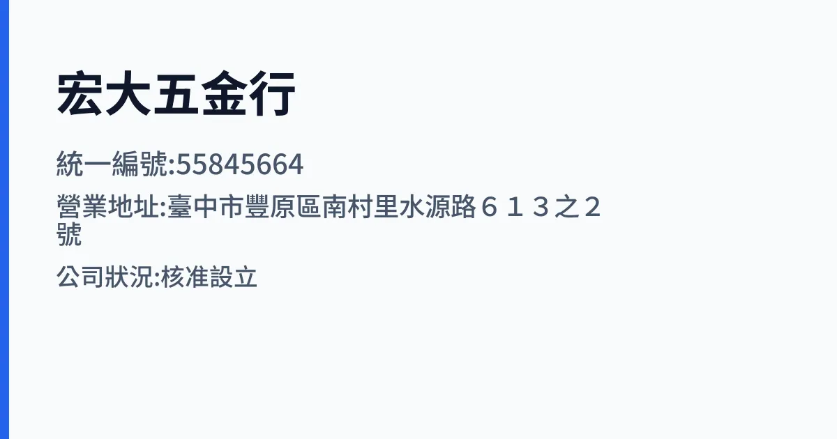 宏大五金行 - 統編 55845664(臺中市) 公司登記資料與營業項目詳細圖表