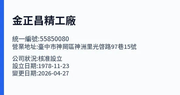 金正昌精工廠的照片-統編 55850080(臺中市) 公司登記資料與營業項目詳細圖表