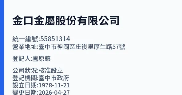 金口金屬股份有限公司的照片-統編 55851314(臺中市) 公司登記資料與營業項目詳細圖表
