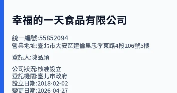 幸福的一天食品有限公司的照片-統編 55852094(臺北市) 公司登記資料與營業項目詳細圖表