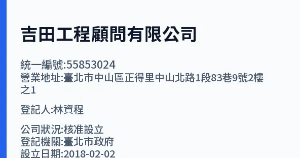 吉田工程顧問有限公司的照片-統編 55853024(臺北市) 公司登記資料與營業項目詳細圖表