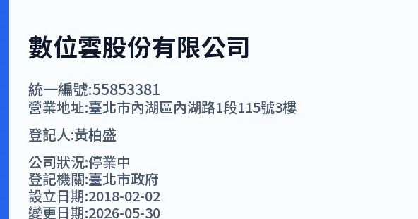 數位雲股份有限公司的照片-統編 55853381(臺北市) 公司登記資料與營業項目詳細圖表