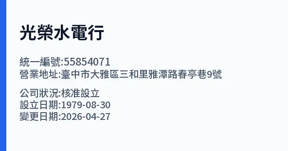 光榮水電行的照片-統編 55854071(臺中市) 公司登記資料與營業項目詳細圖表