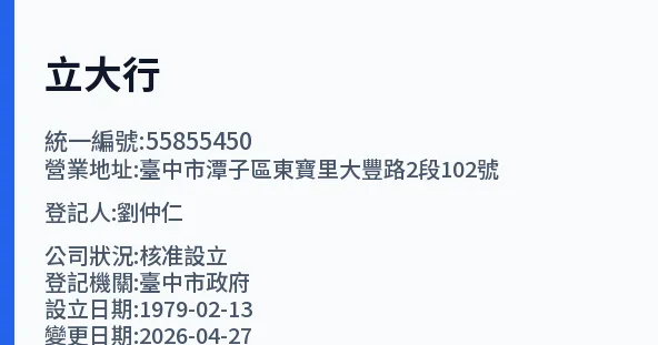 立大行的照片-統編 55855450(臺中市) 公司登記資料與營業項目詳細圖表