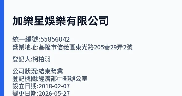 加樂星娛樂有限公司的照片-統編 55856042(基隆市) 公司登記資料與營業項目詳細圖表