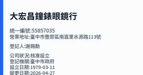 大宏昌鐘錶眼鏡行的照片-統編 55857035(臺中市) 公司登記資料與營業項目詳細圖表