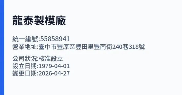 龍泰製模廠的照片-統編 55858941(臺中市) 公司登記資料與營業項目詳細圖表