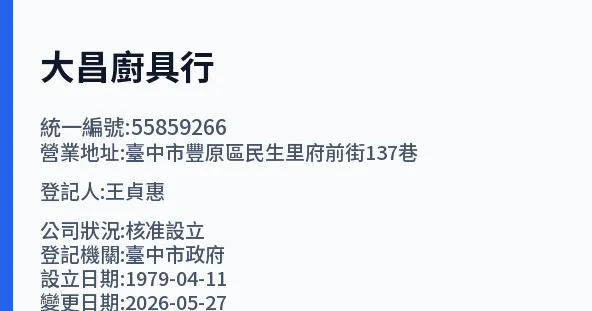大昌廚具行的照片-統編 55859266(臺中市) 公司登記資料與營業項目詳細圖表