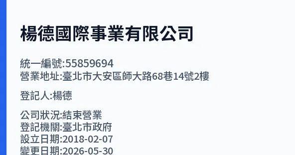 楊德國際事業有限公司的照片-統編 55859694(臺北市) 公司登記資料與營業項目詳細圖表