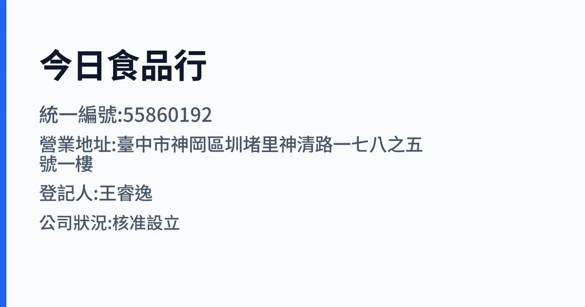 今日食品行 - 統編 55860192(臺中市) 公司登記資料與營業項目詳細圖表