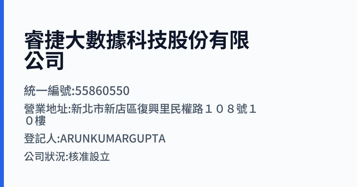 睿捷大數據科技股份有限公司 - 統編 55860550(新北市) 公司登記資料與營業項目詳細圖表