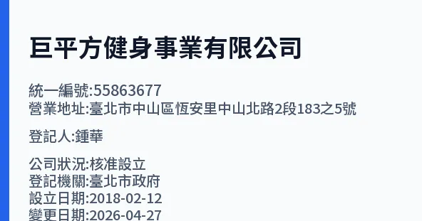 巨平方健身事業有限公司的照片-統編 55863677(臺北市) 公司登記資料與營業項目詳細圖表