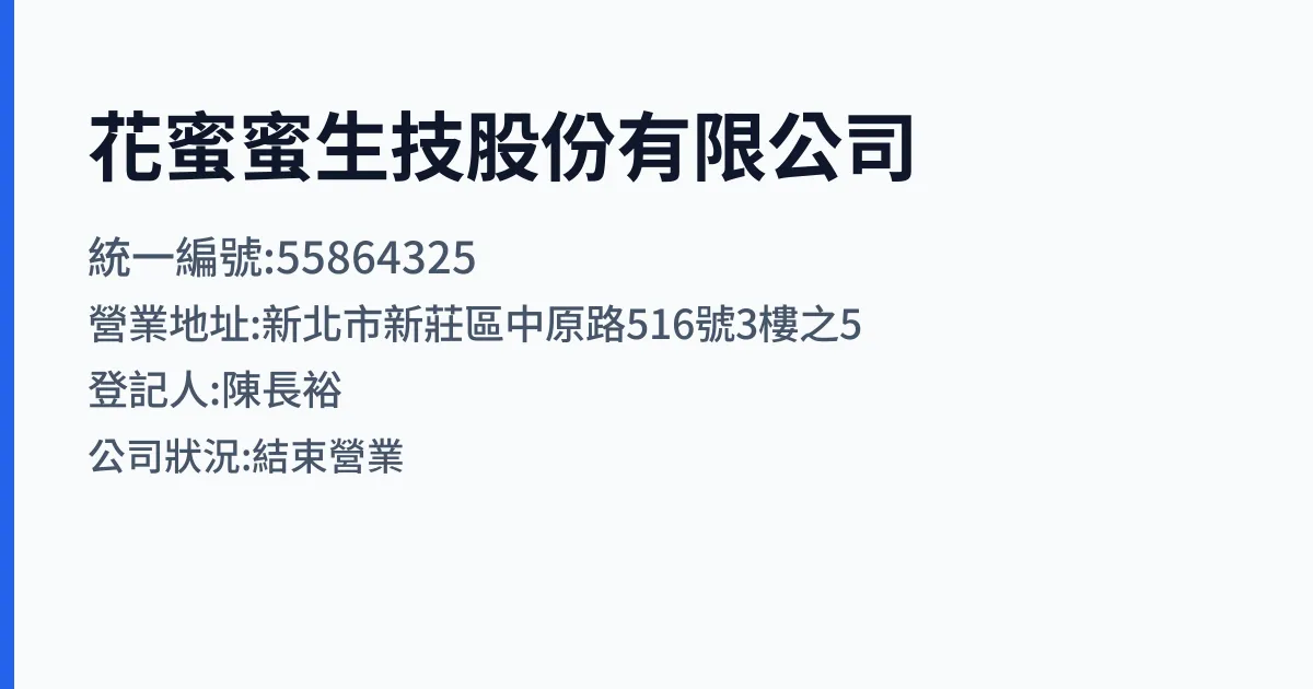 花蜜蜜生技股份有限公司 - 統編 55864325(新北市) 公司登記資料與營業項目詳細圖表