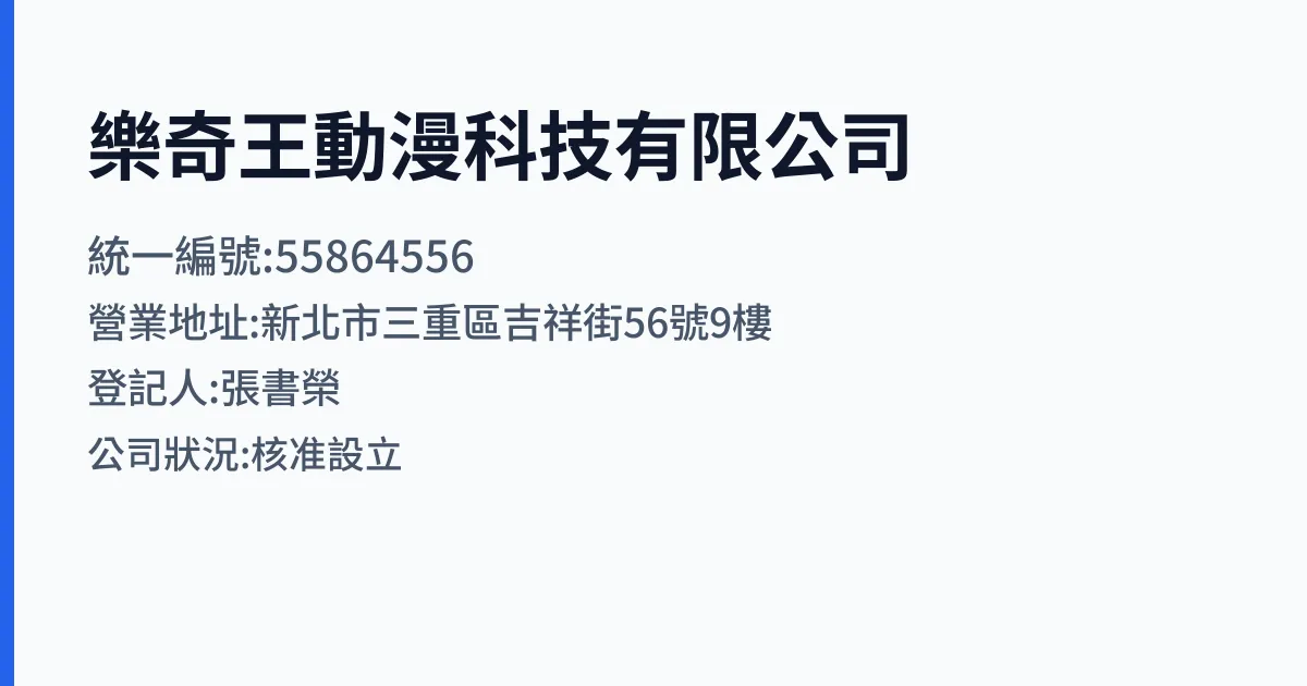 樂奇王動漫科技有限公司 - 統編 55864556(新北市) 公司登記資料與營業項目詳細圖表