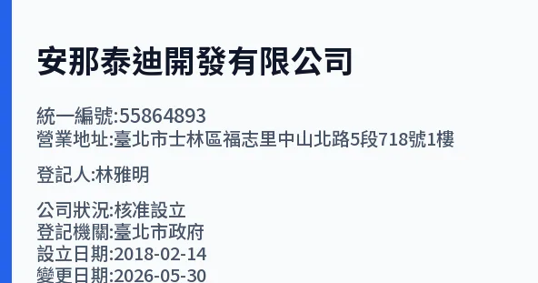 安那泰迪開發有限公司的照片-統編 55864893(臺北市) 公司登記資料與營業項目詳細圖表