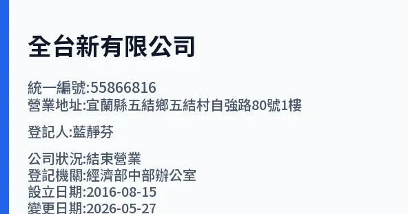全台新有限公司的照片-統編 55866816(宜蘭縣) 公司登記資料與營業項目詳細圖表