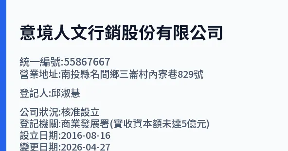 意境人文行銷股份有限公司的照片-統編 55867667(南投縣) 公司登記資料與營業項目詳細圖表