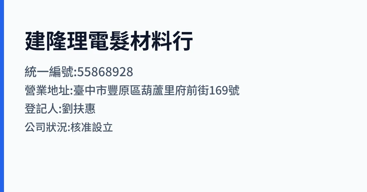 建隆理電髮材料行 - 統編 55868928（臺中市） 公司登記資料與營業項目詳細圖表