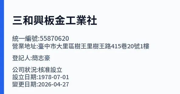 三和興板金工業社的照片-統編 55870620(臺中市) 公司登記資料與營業項目詳細圖表