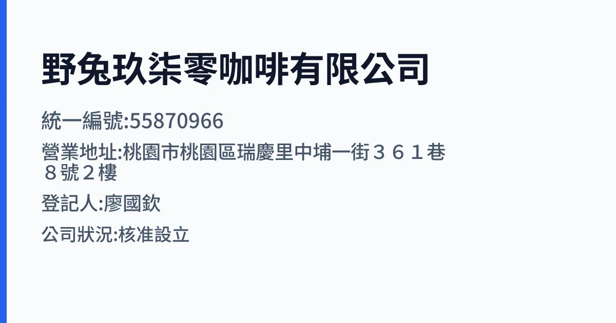 野兔玖柒零咖啡有限公司 - 統編 55870966(桃園市) 公司登記資料與營業項目詳細圖表