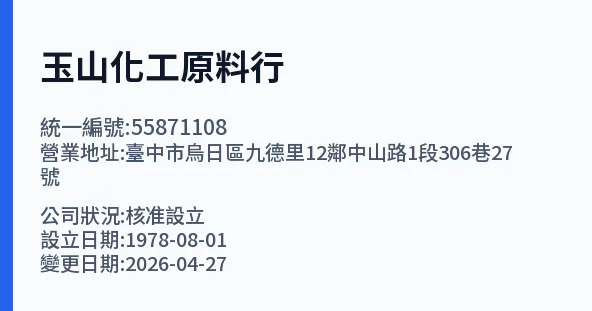 玉山化工原料行的照片-統編 55871108(臺中市) 公司登記資料與營業項目詳細圖表