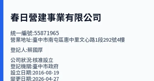 春日營建事業有限公司的照片-統編 55871965(臺中市) 公司登記資料與營業項目詳細圖表