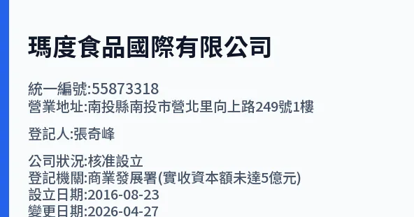 瑪度食品國際有限公司的照片-統編 55873318(南投縣) 公司登記資料與營業項目詳細圖表